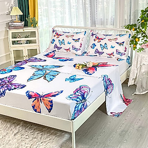 CVHOUSE Butterfly Fitted Sheet Queen Size,Butterfly Bedding Set,Colorful Butterfly Bed Sheet Set,1 Flat Sheet & 1 Fitted Sheet with 2 Pillow Cases - 4 Piece