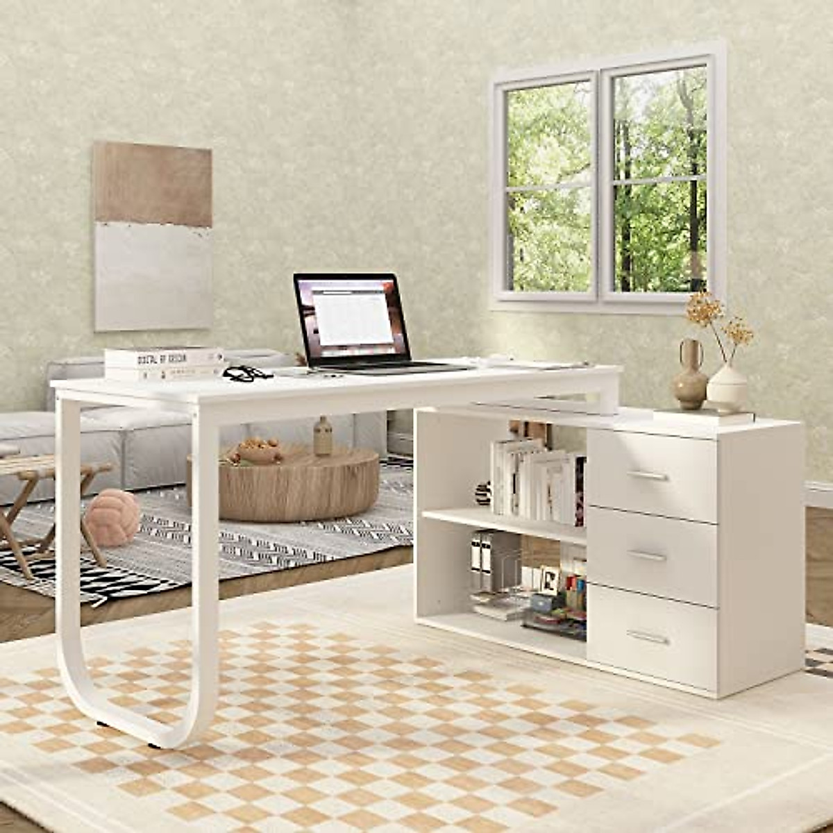 DiDuGo Office Desk with Drawers and Shelves, Home Office Desk L Shaped Desk with Metal Frame, Wood Corner Desk Computer Desk for Office Bedroom White