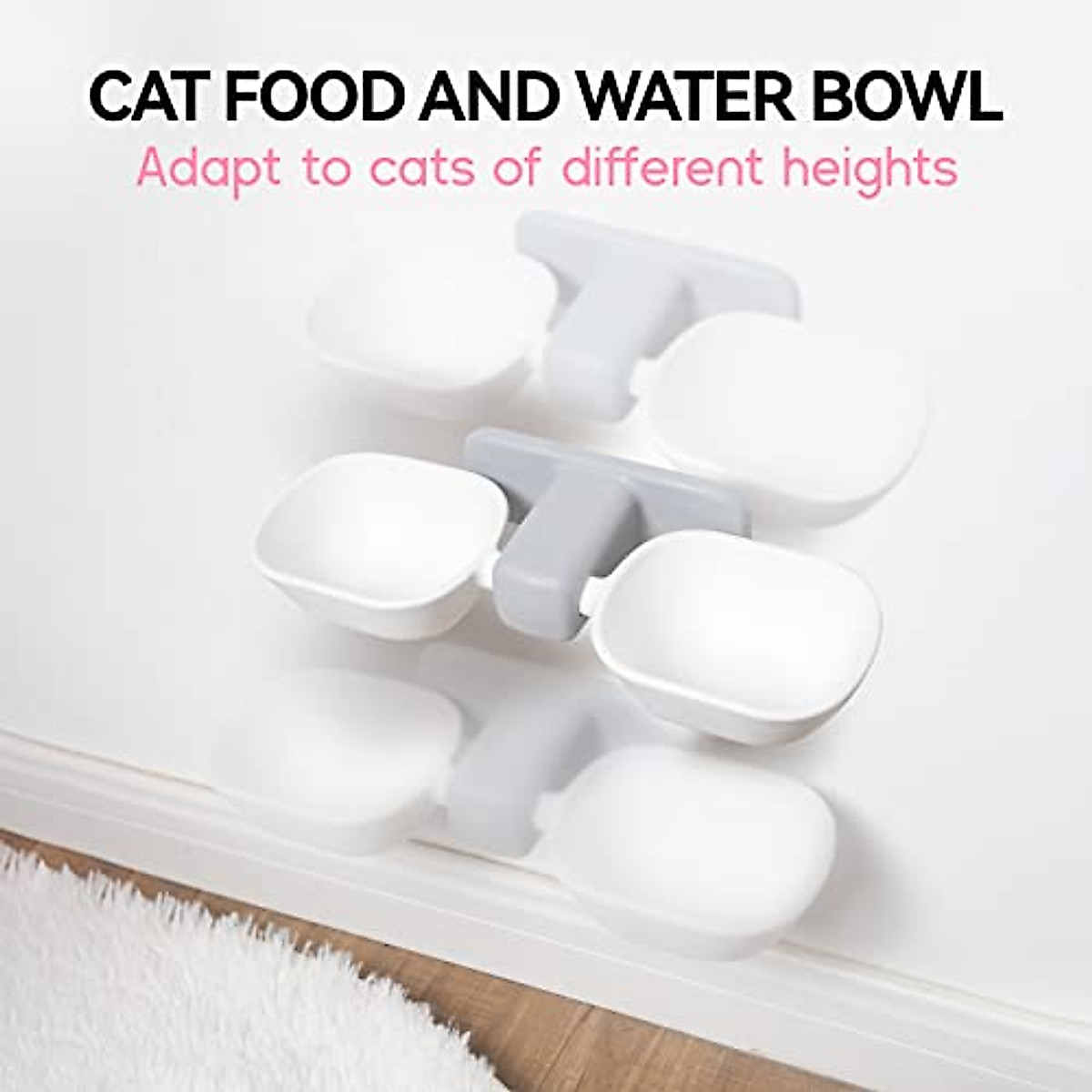 Cat Food and Water Bowls Set, Adjustable Elevated Cat Bowls, Hanging Cat Food Bowls,Wall Mounted Cat Water Bowl No Spill with 8.5 oz Each, Anti Vomiting,Dishwasher Safe,White