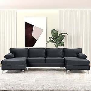 Casa Andrea Milano Modern Large Velvet Fabric U-Shape Sectional Sofa, Double Extra Wide Chaise Lounge Couch