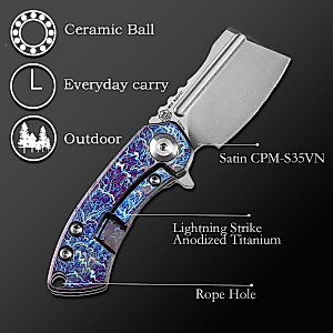 KANSEPT Pocket Knives Mini Korvid Cleaver Mini Pocket Knife for Men Stain S35VN Blade Lightning Strike Anodized Titanium Handle,EDC Folding Knife, Flipper for Everyday Carry K3030A8