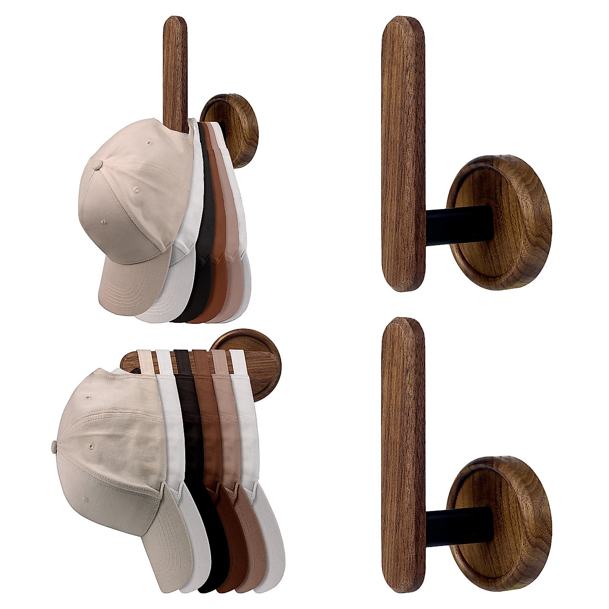 Hat Rack for Wall Hat Organizer for Baseball Caps Strong Adhesive Hat Hooks for Wall Decorative Hooks Walnut Cap Holder Organizer Hat Holder Storage Hanger for Closet Door, Gift for Man Woman(2 Pack)