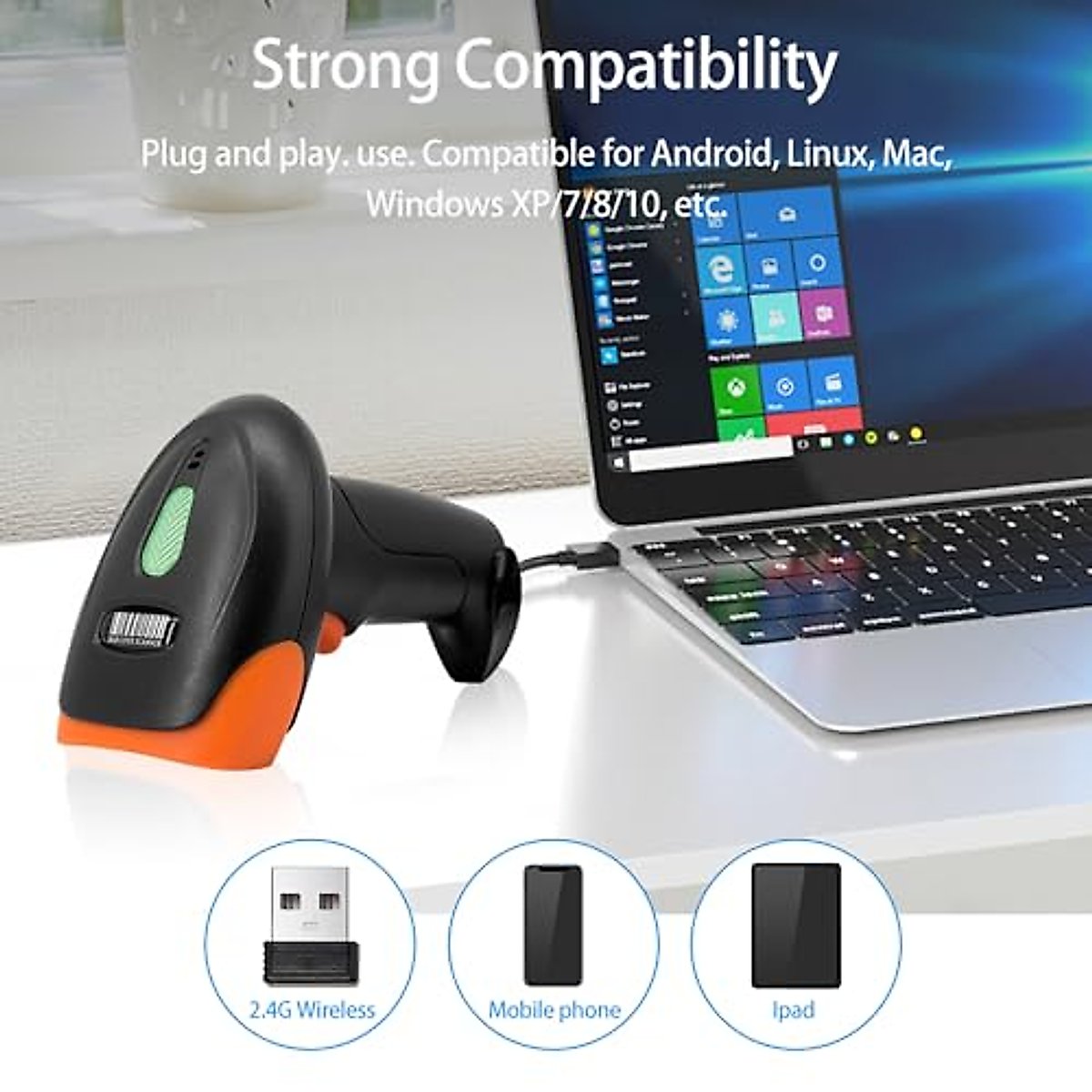 USB Wired Connection Barcode Scanner Digital Printed Bar Code Reader for Supermarket Checkout, Mobile Payment (USB & 2.4G & BT Connect)