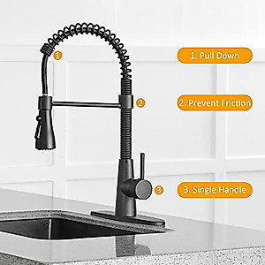 BESy Kitchen Faucet with Pull Down Sprayer, High-Arc Single Handle Single Lever Spring Rv Kitchen Sink Faucet with Pull Out Sprayer, 3 Function Laundry Faucet with Cover Plate, Matte Black