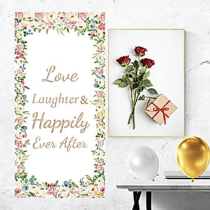 Joyiou Love Laughter Happily Ever After Backdrop Door Banner Decorations, Wedding Engagement Party Gift Sign Supplies, Bridal Shower Door Cover Photo Booth Props Décor