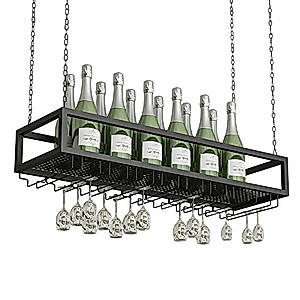 DASHADAO Hanging Wine Glass Rack-Black Wine Rack Home Wine Bottle Racks Ceiling Wall-Mounted Storage Shelf with Hanging Stemware Champagne Glasses Holder Metal Bar Unit Floating Shelves HOM