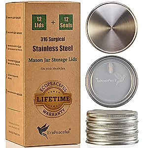 EcoPeaceful 316 Surgical Stainless Steel Mason Jar Lids WIDE Mouth - Rust-proof, Airtight, Leak-proof, BPA-Free, PVC-free, Vegan, Reusable - Not for Canning