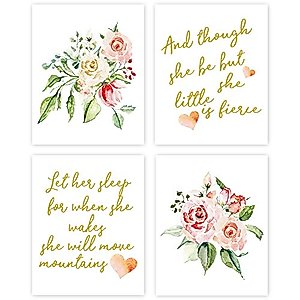 LHIUEM Inspirational Quote Typography Watercolor Floral Flower Wall Decor,Motivational Saying Cardstock Art Print For Kids Room Baby Girls Nursery Wall Art Decor (set of 4, 8’’ x 10’’ ,Unframed)