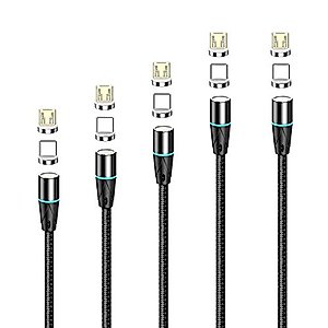 NetDot Gen12 Magnetic Charging Cable [5 Pack Black,1ft/3.3ft/5ft/6.6ft/6.6ft] Data Transfer Compatible with Micro USB & USB-C Smartphones Come with 10 Connectors