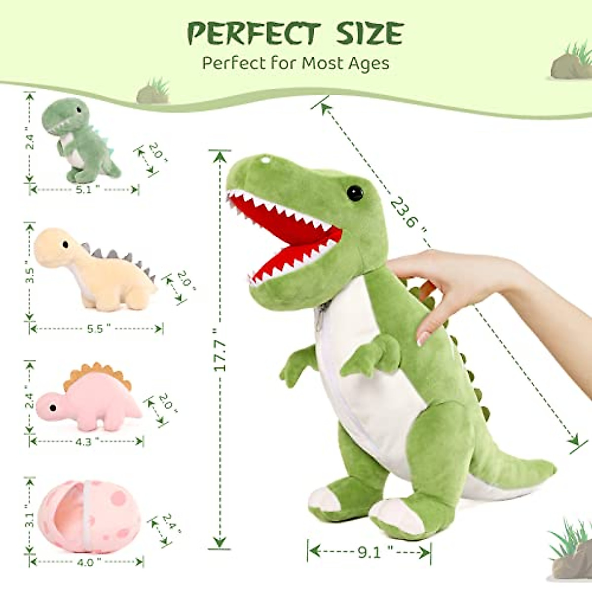 MorisMos Dinosaur Stuffed Animal with Babies,23.6'' Big T-Rex Mommy Stuffed Dinosaur with 3 Baby Dinosaur Plush Toys, 3 Dinos Eggs,Boy Girl Dinosaur Toys for Kid Birthday Christmas,Green T-rex Toys