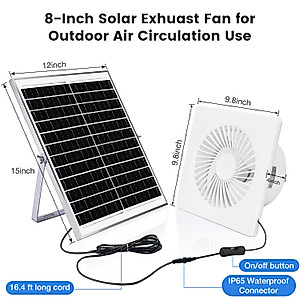 Fanspex Solar Powered Exhaust Fan, 20W Solar Panel 8" Round Vent Fan Kit for Outside Greenhouse Shed Attic Chicken Coop, 36dB Low Noise, Up to 285 CFM