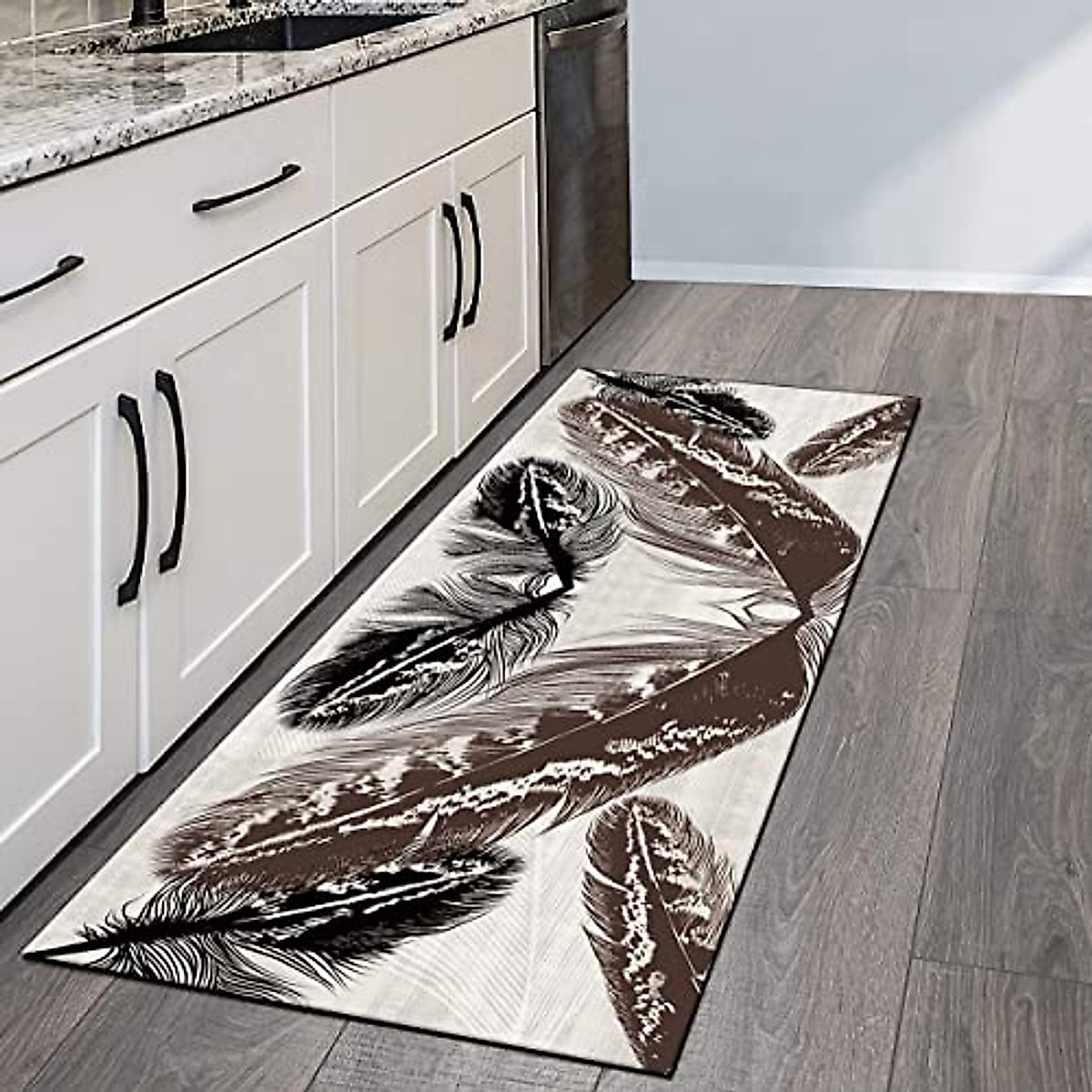 Runner Carpet for Hallway Non Slip 1'7"x8' Grey Brown Black Feather Pattern Washable Door Mat Home Decor Area Rug for Kitchen Bedroom Entryway Living Customizable, 1'3"-4' Width