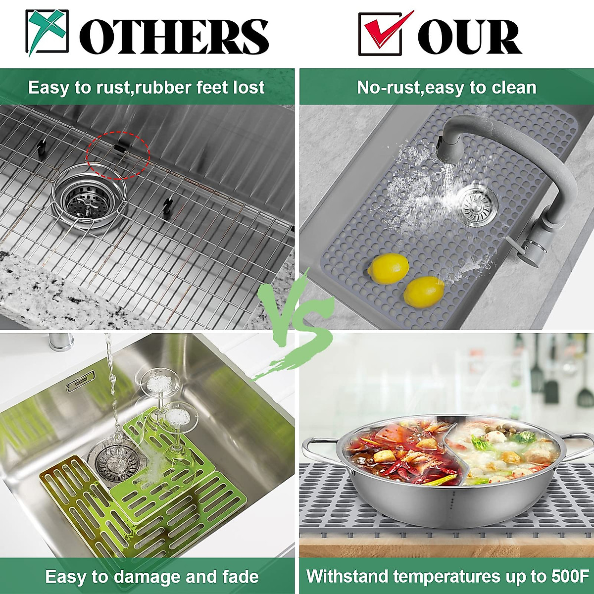 MOSTWOGO Silicone Sink Protector for Kitchen Sink 28''x15'', Heat Resistant Kitchen Sink Mat for Bottom of Stainless Steel/Porcelain Sink ,Rear Drain, 1PCS No-Slip Sink Grid Accessories(Grey)