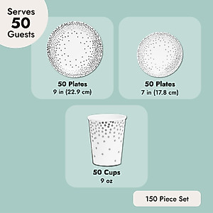 Juvale Serves 50 Silver Party Supplies - 150 Piece Disposable Paper Dinner Plates, Dessert Plates and Cups for Wedding, Birthday Party Table Decorations