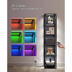 VASAGLE 6-Tier LED Bookshelf, Display Shelf with Dimmable Lights, LED Bookcase with Steel Frame, 11.9 x 15.7 x 70.3 Inches, for Living Room, Bedroom, Office, Black with Wood Grain ULLS121B56