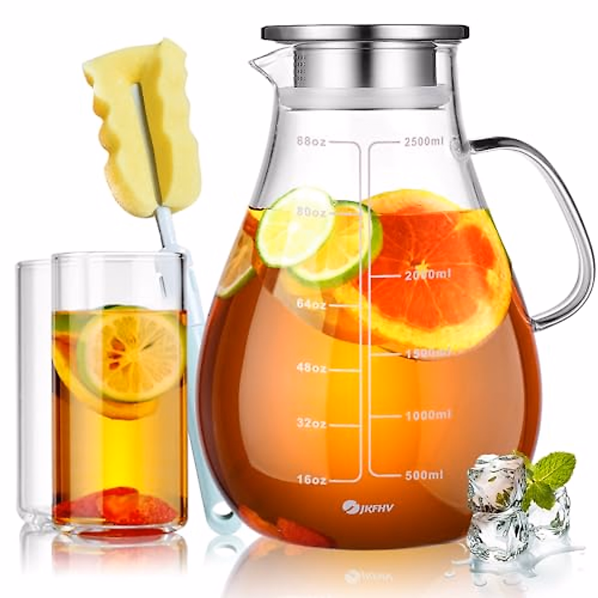 JKFHV Glass Pitcher,88oz Water Pitcher Set with Lid and Drink Glasses of 2,Large Glass Iced Tea Pitcher Easy Clean Heat Resistant Borosilicate Glass Jug for Juice,Milk,Cold or Hot Beverages