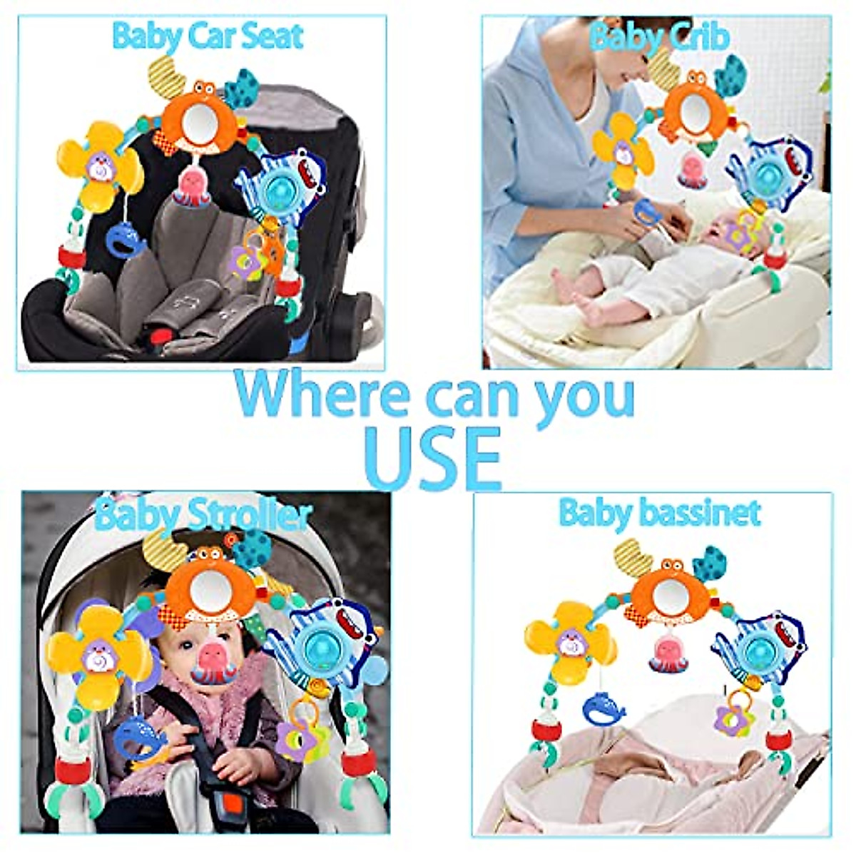 FBesteam Baby Stroller Arch Toy - Infant Car Seat Toys Adjustable Mobile Activity Arch with Play Accessories, Sensory Travel Crib Bouncer Bassinet Toys for Toddler Boy Girl 0 3 6 9 12 24 Months (Crab)