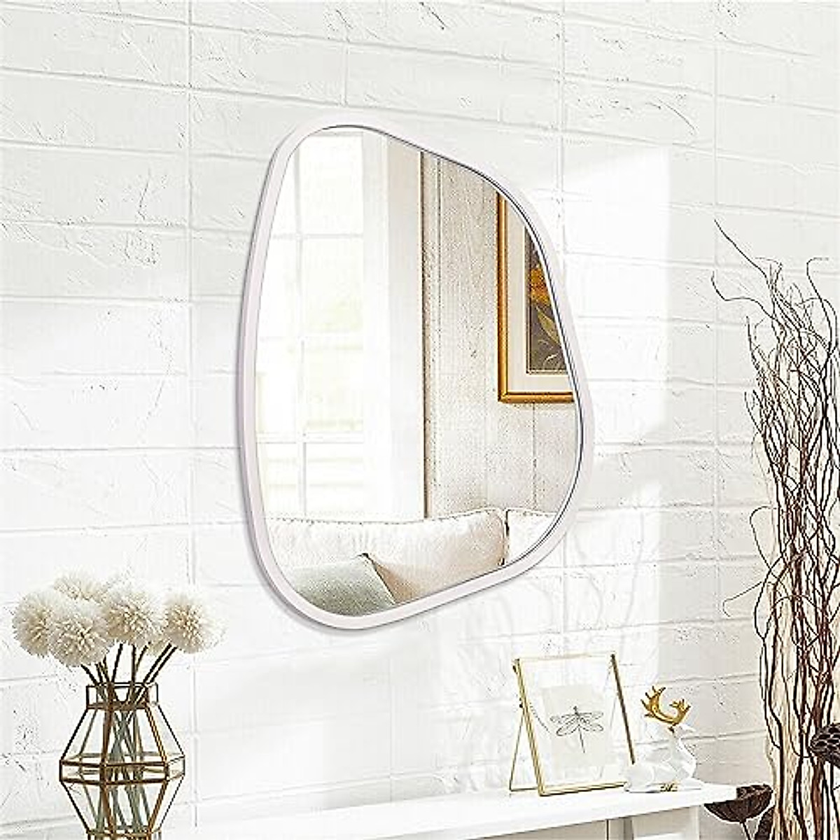 Irregular Oval Wall Mirror Large White 20"x16" Inches Asymmetrical Mirror Modern Wood Frame Unique Shape Wall Mounted Vanity Artistic Mirror Decor for Living Room Bedroom Bathroom Entryway Hallway