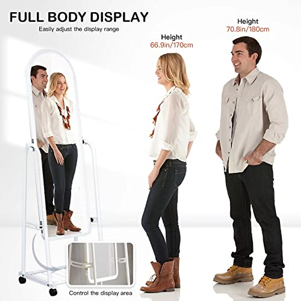 Jexdar Full-Length Mirror with Bracket, 66"x17"Adjustable Stand Up Mirror on Wheels with Underneath Storage, Floor-Standing Make Up Vanity Mirror Dressing Mirror for Bedroom Bathroom Porch