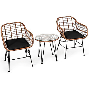 DORTALA 3 Piece Patio Bistro Set, Outdoor Wicker Furniture with Round Tempered Glass Top Table & 2 Rattan Armchairs, Cushions, Conversation Set for Porch, Backyard, Garden, Black