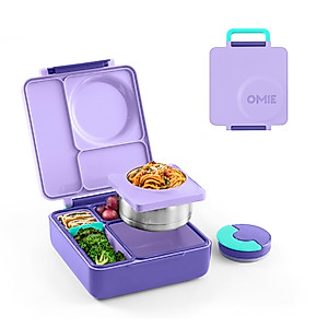 Omie OmieBox Insulated Bento Lunch Box with Leak Proof Thermos Food Jar-3 Compartments, Two Temperature Zones, One Size, (Purple Plum)