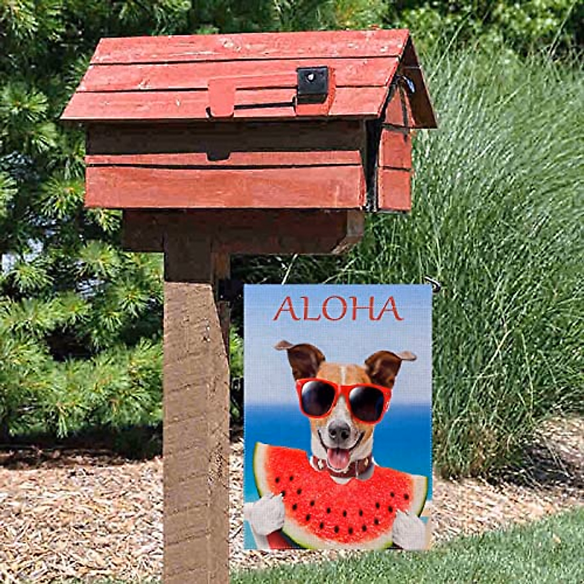 Uanvaha jack Russell dog Garden Flags for Outside 12.5X18 Double Sided ALOHA cute puppy on hammock beach eating watermelon Outdoor Banner Flag Burlap Yard Home Decorations