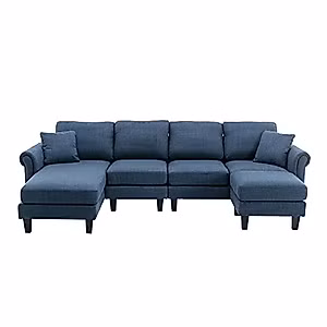 Olela U Shaped Modular Sectional Sofa for Living Room, Oversized Deep Seat Sofa Modern Linen Upholstered Sectional Couch with Chaise Lounge and Comfy Backrest (Navy)