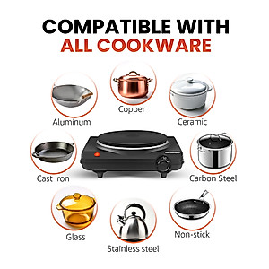 Elite Gourmet ESB-301BF Countertop Single Cast Iron Burner, 1000 Watts Electric Hot Plate, Temperature Controls, Power Indicator Lights, Easy to Clean, Black