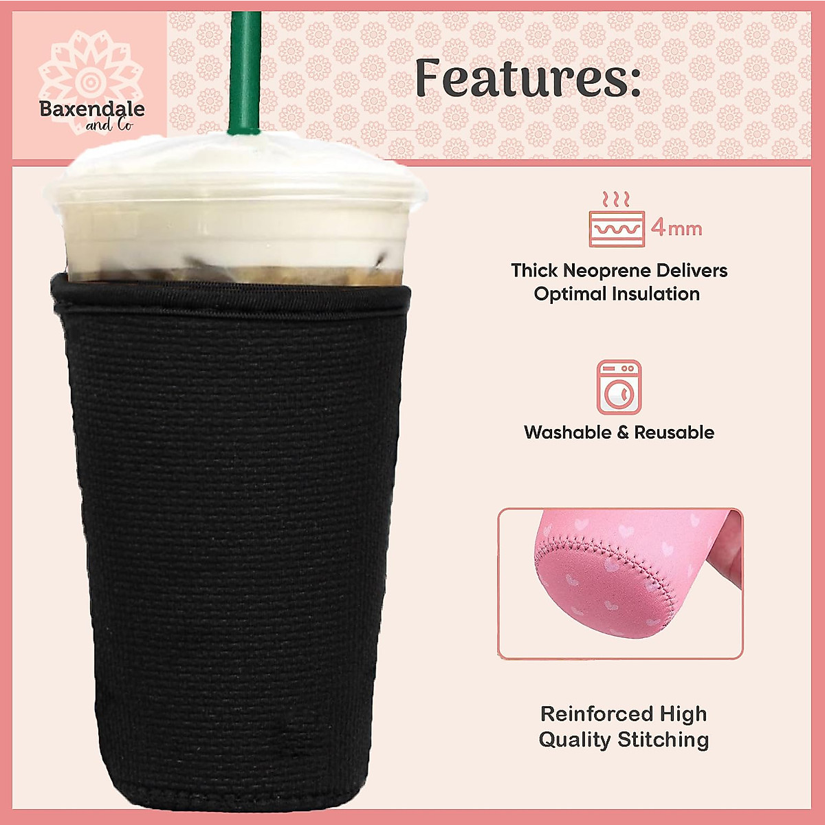 Baxendale Iced Coffee Sleeve for Cold Drink Cups - 2 Pack Neoprene Iced Coffee Sleeve Cup Sleeves for Cold Drinks, Reusable Compatible with Starbucks Dunkin - Large 32oz (Peach & Mint Textured)