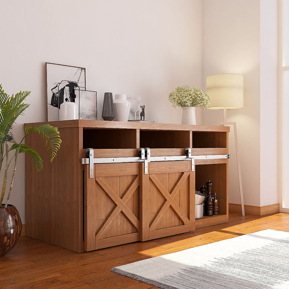 Homacer Mini Brushed Nickel Single Track Bypass Sliding Barn Door Hardware Kit, for Two/Double Doors, 48-inch Long Flat Track, Straight Design Roller, Cabinet TV Stand Console Use…