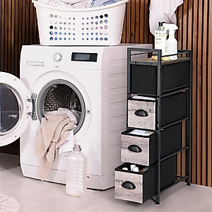 MOOACE Narrow Dresser Storage Tower with 4 Drawers, Slim Dresser Chest of Drawers, Vertical Small Fabric Dresser Standing, Wood Top Organizer for Bedroom, Bathroom & Laundry, Black/Greige