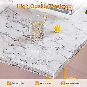 ODK Computer Desk Large Office Desk, 48 Inch Writing Desk with Storage, Modern PC Desk Work Table with Headphone Hook for Home Office, White Marble + Gold Leg