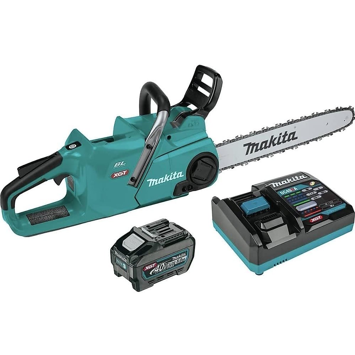 Makita 40V Max XGT 5.0Ah Brushless Lithium-Ion Battery with Built-In LED On/Off Switch, 18 Inch Cordless 42CC Gas Chain Saw Kit with Active Feedback-Sensing Technology