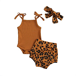 Kuriozud Newborn Infant Baby Girl 2 Piece Summer Outfits Tank Bodysuit Top + Ruffle Bloomer Shorts Set Clothes (Leopard Brown, 3-6 Months)