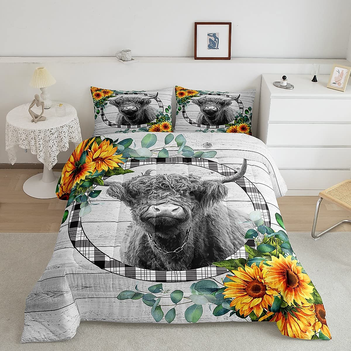 Sunfloral Highland Cow Bedding Set Grey Bull Cattle Comforter Set for Kids Boys Girls Teens Highland Cattle Comforter Funny Farmhouse Duvet Set 3Pcs Queen Size