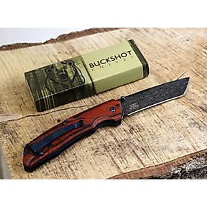 Buckshot Knives PBK220 Thumb Open Spring Assisted Tanto Cleaver Classic Wood Handle Pocket Knives (PBK220DS)
