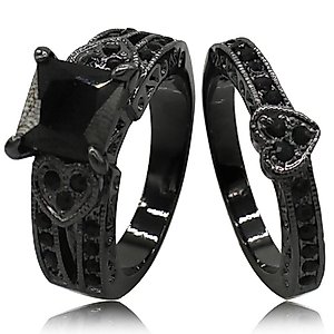 Jude Jewelers Black Rhodium Plated Princess Cut Heart Shape Wedding Engagement Bridal Ring Set (Black, 7)