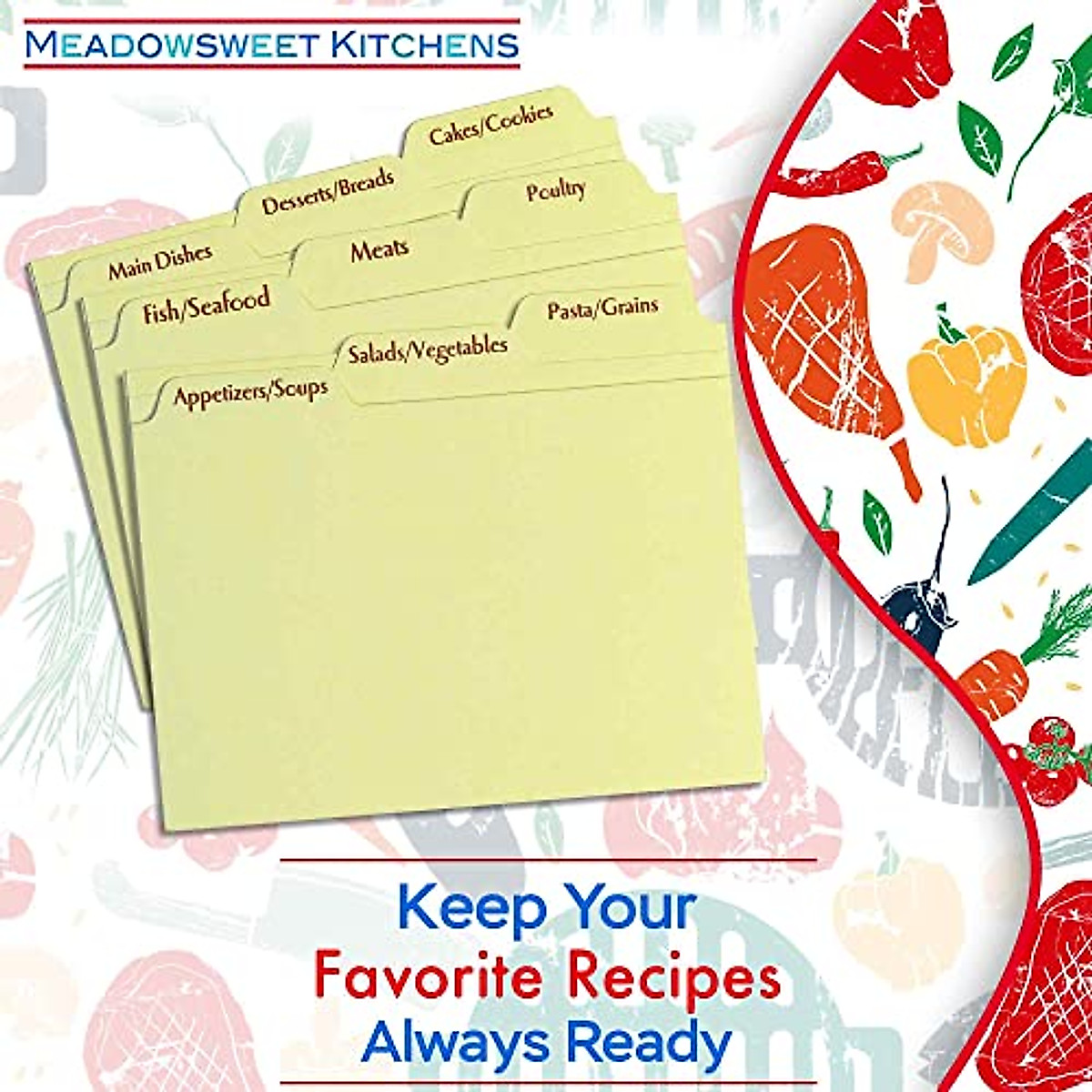 Meadowsweet Kitchens Recipe Card Box Tab Divider Set - Tab Dividers Printed on Neutral Color Card Stock - Set of 9 Tab Dividers for 4x6 Recipe Cards (or 3x5) for Paperboard, Wood & Acrylic Boxes