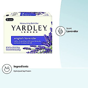 Yardley London Nourishing Bath Soap Bar English Lavender, Calms & Soothes with Pure Lavender Extracts & Essential Oils 4.0 oz Bath Bar, 2 Soap Bars