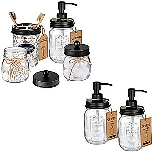 Amolliar 4PCS & 2pcs Black Mason Jar Bathroom Accessories Set-3 pcs Lotion Soap Dispenser & 2 pcs Cotton Swab Holder &1pcs Toothbrush Holder,Waterproof Stickers,Rustic Farmhouse Decor
