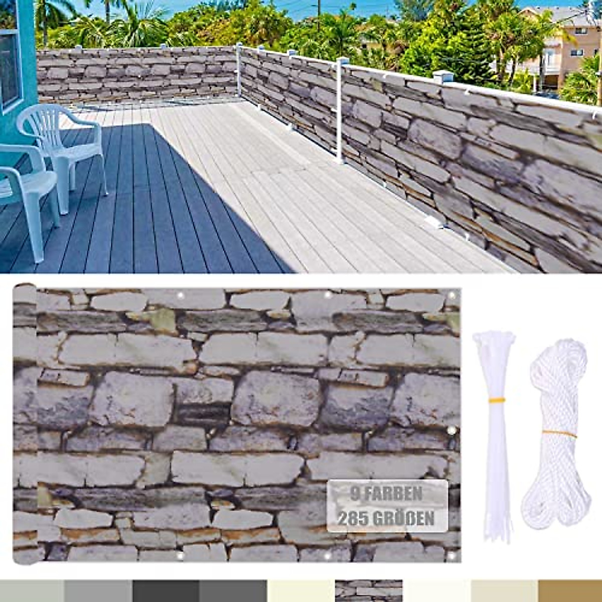 YangAera Balcony Privacy Screen Cover with Cable Ties & Ropes Weather-Resistant Waterproof Cover Screen Shield for Apartment Porch Outdoor Backyard Patio (Size: 3x14.8ft)-Stone Pattern