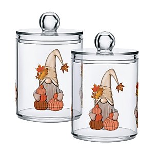 Gredecor 2 Pack Apothecary Jars with Lid Fall Gnome Maple Pumpkins Qtip Holder Dispenser Storage Containers Clear Plastic Cute Fall Autumn Thanksgiving Theme Canisters for Bathroom Vanity Organization