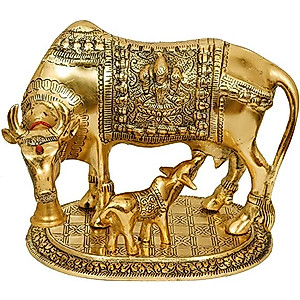LCRAFT Brass Murti Kamdhenu Cow & Calf | Nandi Cow Decorative Showpiece | Cow with Calf Statue Idol for Diwali II Wedding II Pooja Room II Temple II Gifting | Gold and Silver (14 x 8 x 12.5 cm