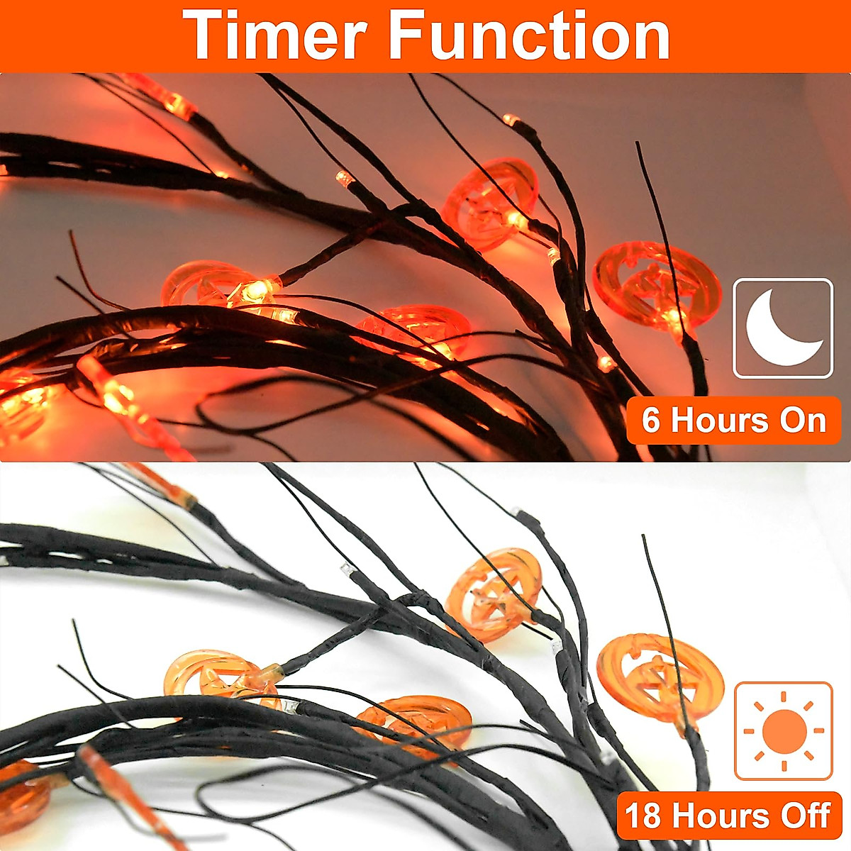 BOLWEO Halloween Willow Vine Twig Garland Lights, 6ft Pumpkin Lights Battery Operated with Timer 8 Modes Waterproof Halloween Decorations for Wall Window Door