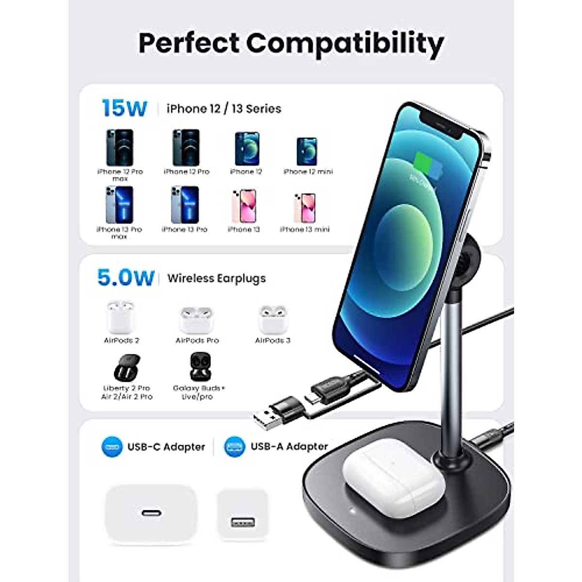 LISEN Magnetic Wireless Charger for iPhone 14 13 12 iPhone Magsafe Charger Fast Charging Station [Never Overheat] 2-in-1 Magnetic Wireless Charging Station Only for iPhone AirPods 2/Pro