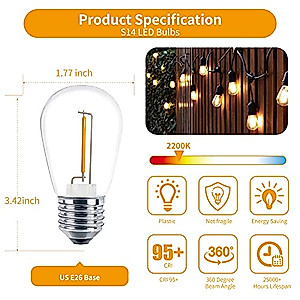 Meconard 24 Pack LED S14 Replacement Light Bulbs, Shatterproof Outdoor String Light Bulbs, 1 Watt to Replace 11Watts Incandescent Bulb, E26 Regular Medium Screw Base, 2200K Warm White, Non-Dimmable