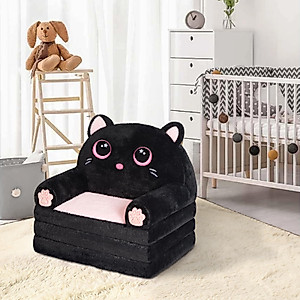 QIUODO Kids Couch Fold Out, Velvet 2-in-1 Flip Open Couch for Toddlers, Comfy Toddler Chair for Reading and Napping, for Boys and Girls (Black & Pink Kitty)