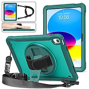 Batianda Case for New iPad 11 2025 A16 Chip/iPad 10th 10.9-inch 2022 Release Heavy Duty Rugged Shockproof Tablet Cover with 360° Rotating Hand Strap Foldable Hidden Stand & Shoulder Strap, Teal