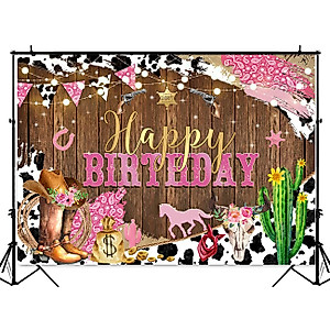 Mocsicka Western Cowgirl Birthday Backdrop Happy Birthday for Girl Party Decorations Banner Rustic West Rodeo Boot Country Birthday Photography Background Photo Booth Props(Pink, 7x5ft (82x60 inch))