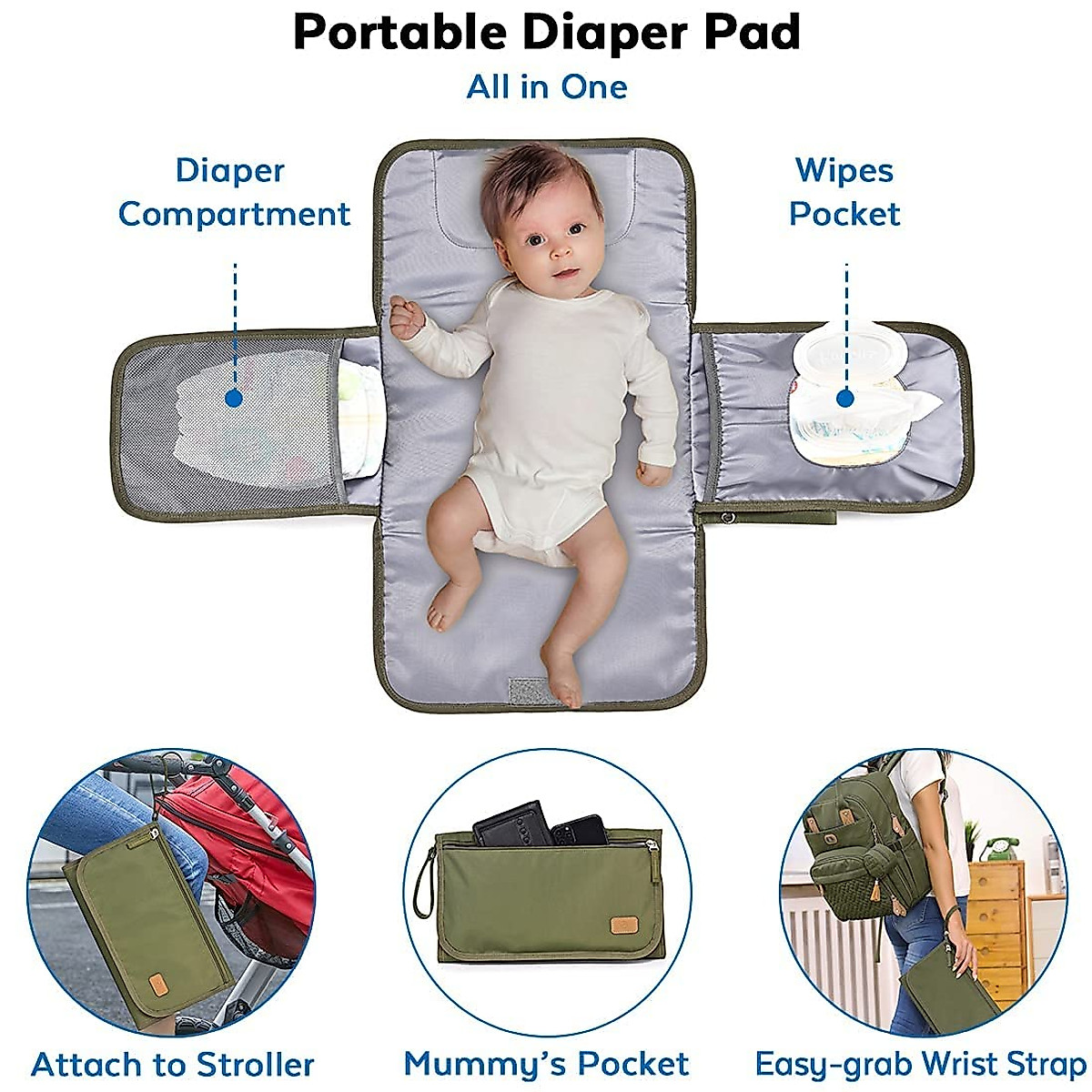 Dikaslon Diaper Bag Backpack, Stroller Hooks, Large Unisex Baby Bags with Changing Pad, Pacifier Case and Universal Stroller Clips for Mom Dad